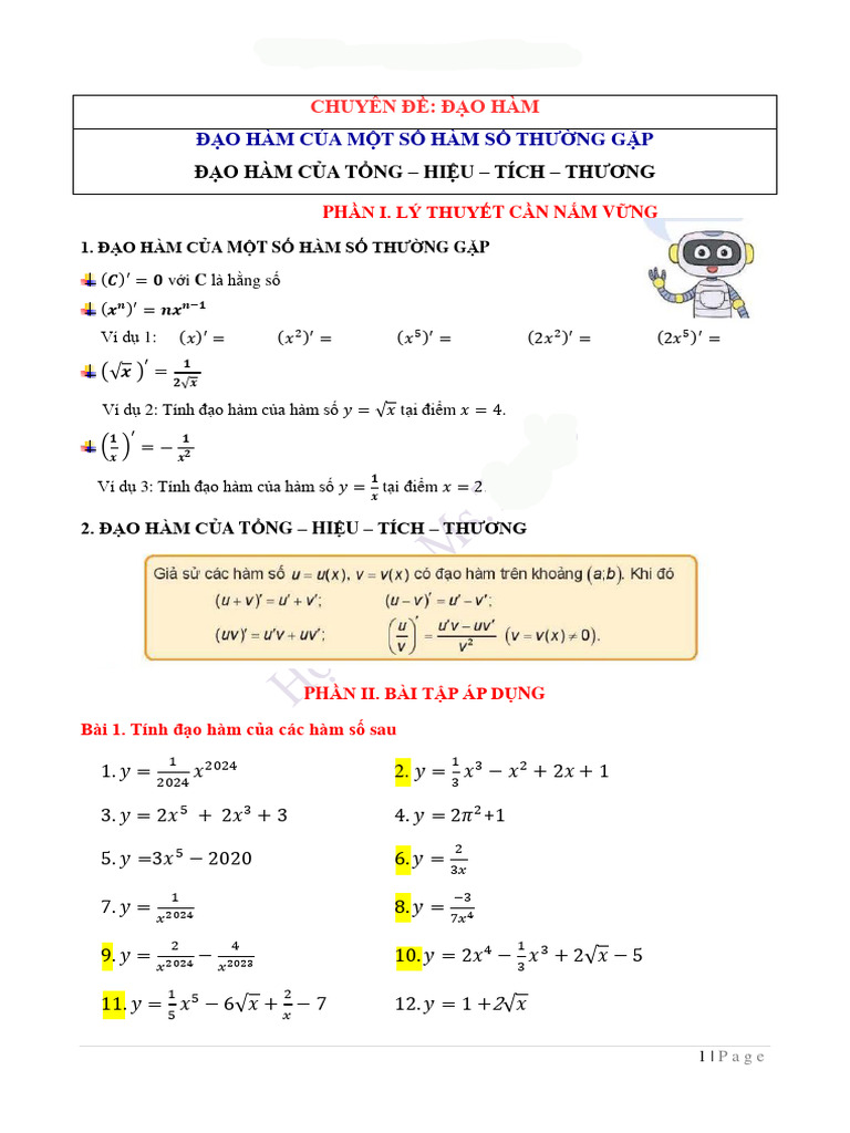 BTVN 01 (Quy Tắc Đạo Hàm) | PDF
