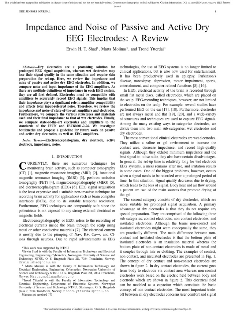 Impedance and Noise of Passive and Active Dry EEG | PDF ...