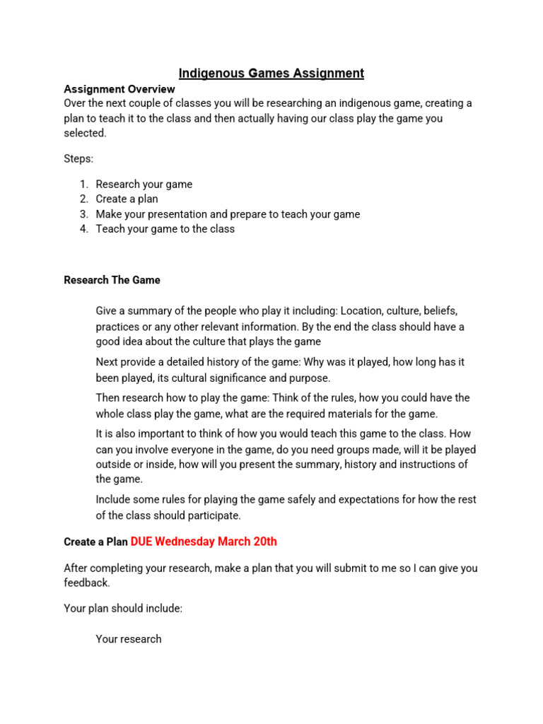 Indigenous Games Assignment Description | PDF | Cognition