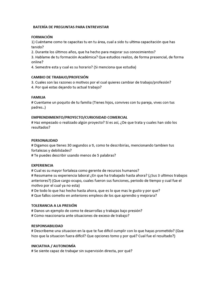 Batería de Preguntas para Entrevistar | PDF