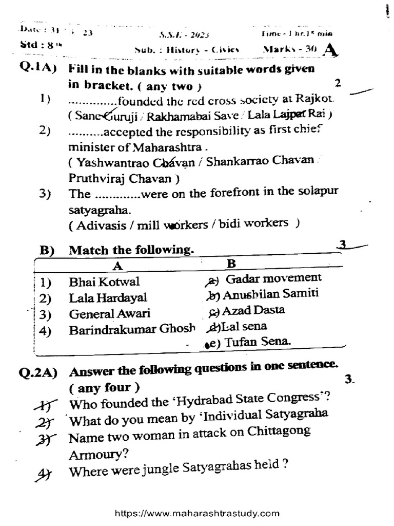 Mh Board Class 8 Sse History Civics Set a 181123 Apr 2023 | PDF