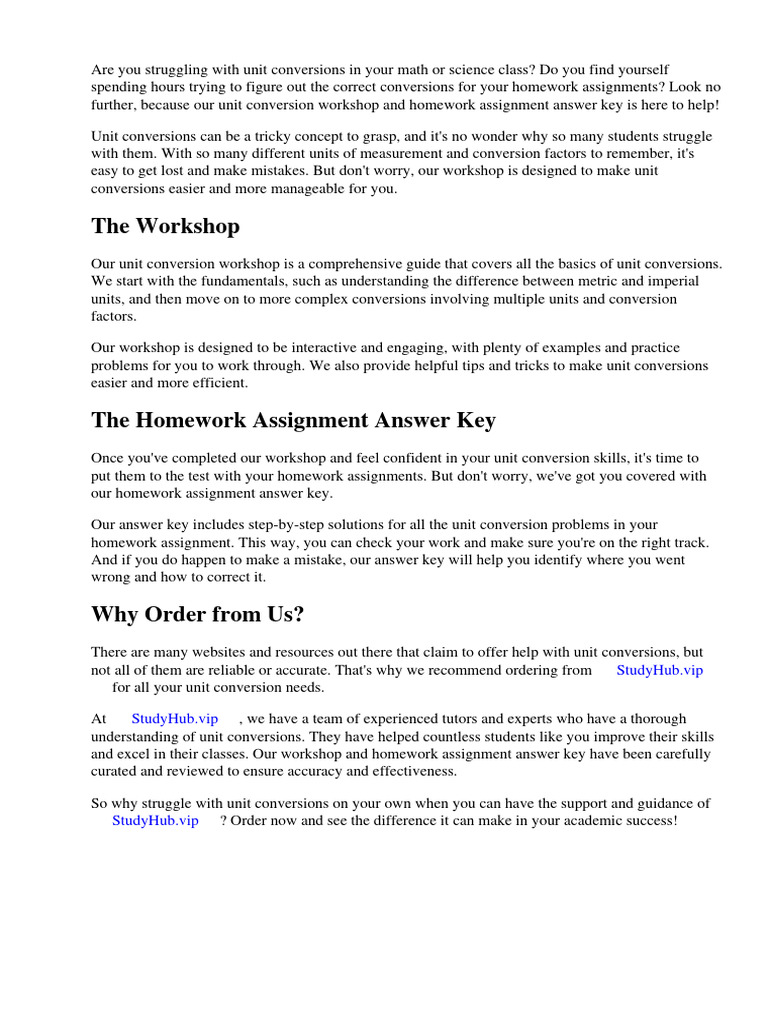 Unit Conversion Workshop and Homework Assignment Answer Key | Download ...