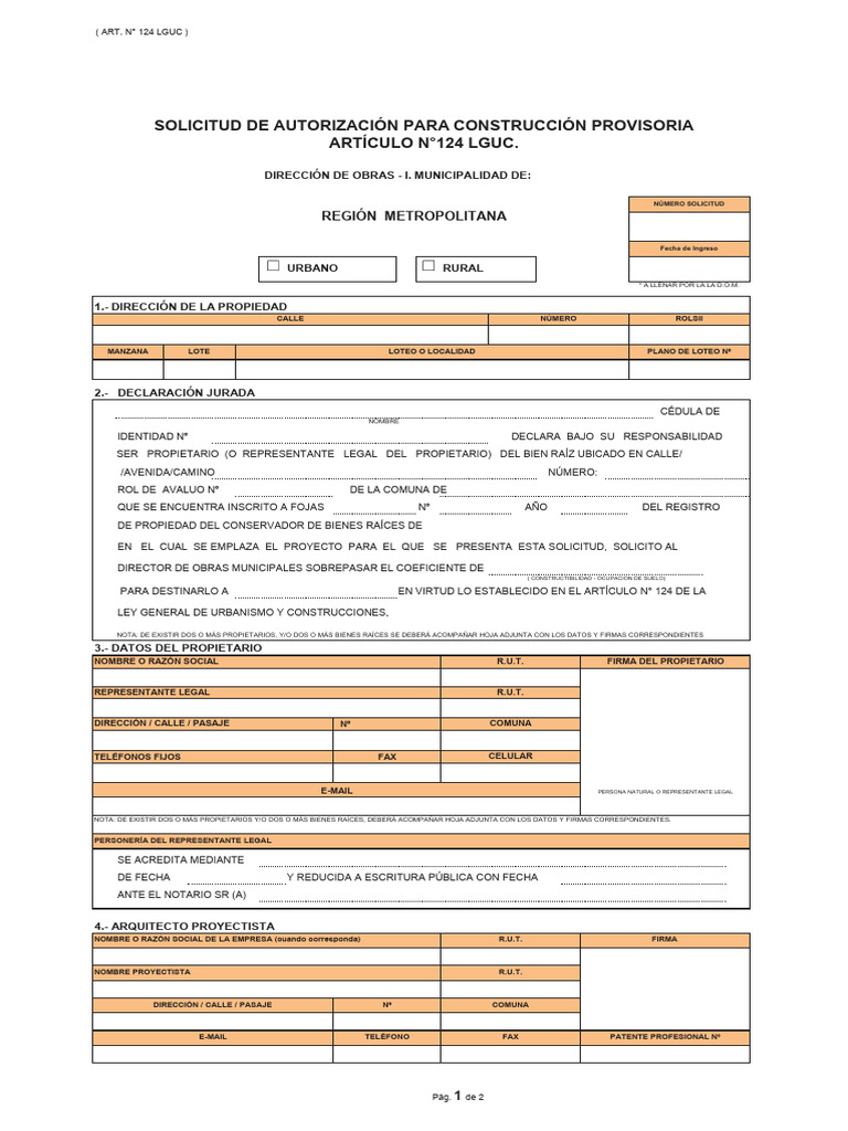 Formulario Solicitud de Permiso de Obra Provisoria - Art 124 LGUC | PDF