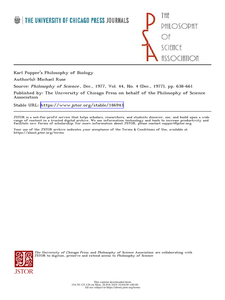 Michael Ruse - Karl Poppers Philosophy o Biology 1977 | PDF | Karl ...