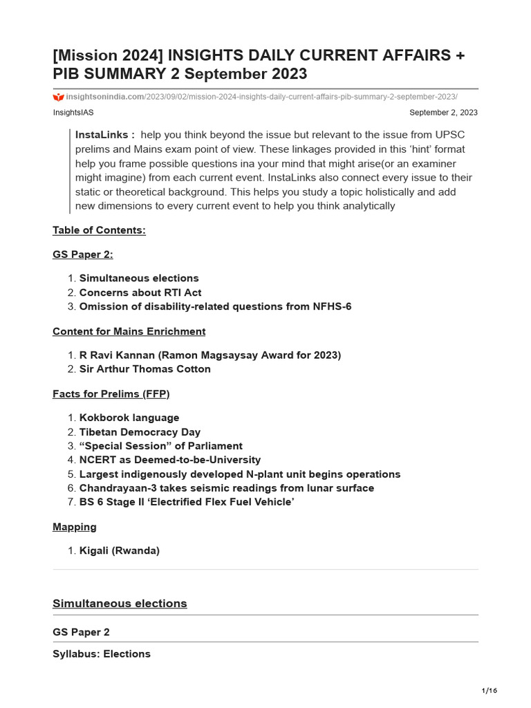 Mission 2024 INSIGHTS DAILY CURRENT AFFAIRS PIB SUMMARY 2 September ...
