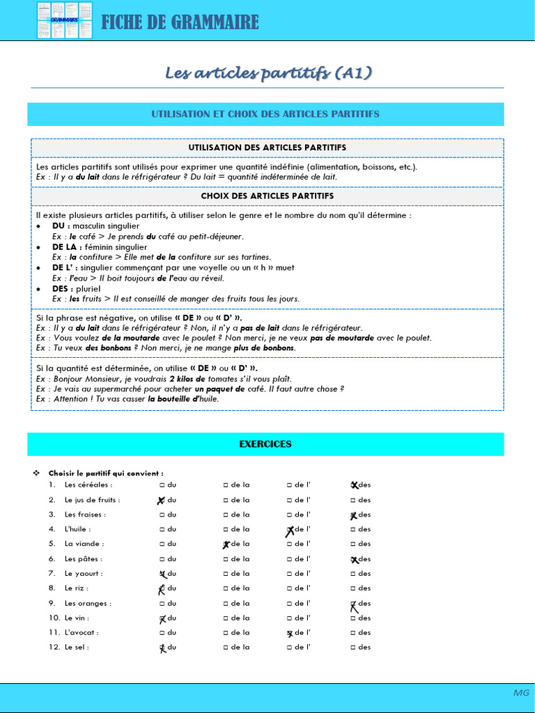 A1 Grammaire Articles-Partitifs | PDF | Nombre grammatical | Nourritures