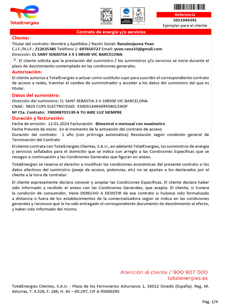 Cliente:: Contrato de Energía Y/o Servicios | PDF | Excedente económico ...