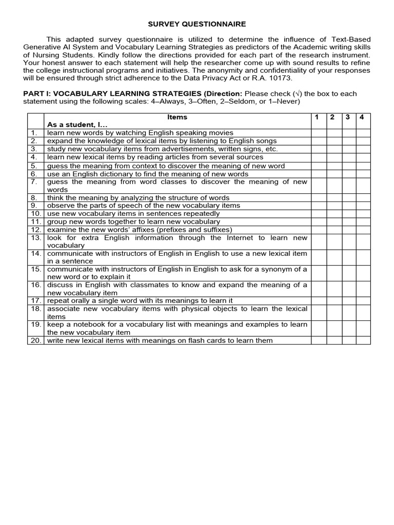 Survey Questionnaire Final | PDF | Vocabulary | Intelligence (AI ...
