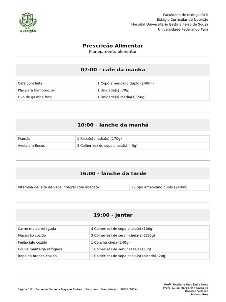 Plano Alimentar - Daniella Nayane Pinheiro Sampaio | PDF | Culinária ...