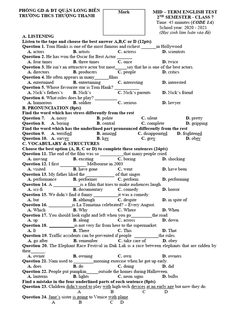 Tailieunhanh Bo de Thi Giua Hoc Ki 2 Mon Tieng Anh Lop 7 Nam 2020 2021 Co Dap An 7786 | PDF