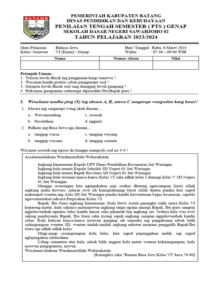 STS Genap Kelas 6 B.Jawa | PDF