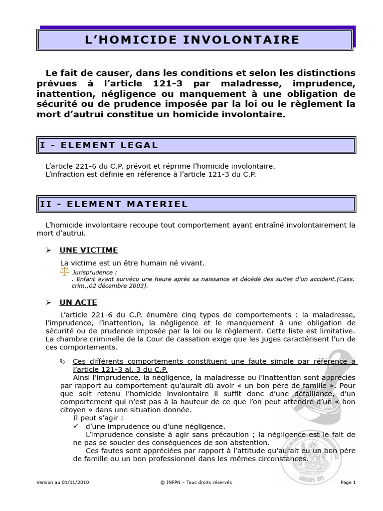 Homicide Involontaire : Définition et Cadre Légal | PDF | Crimes ...