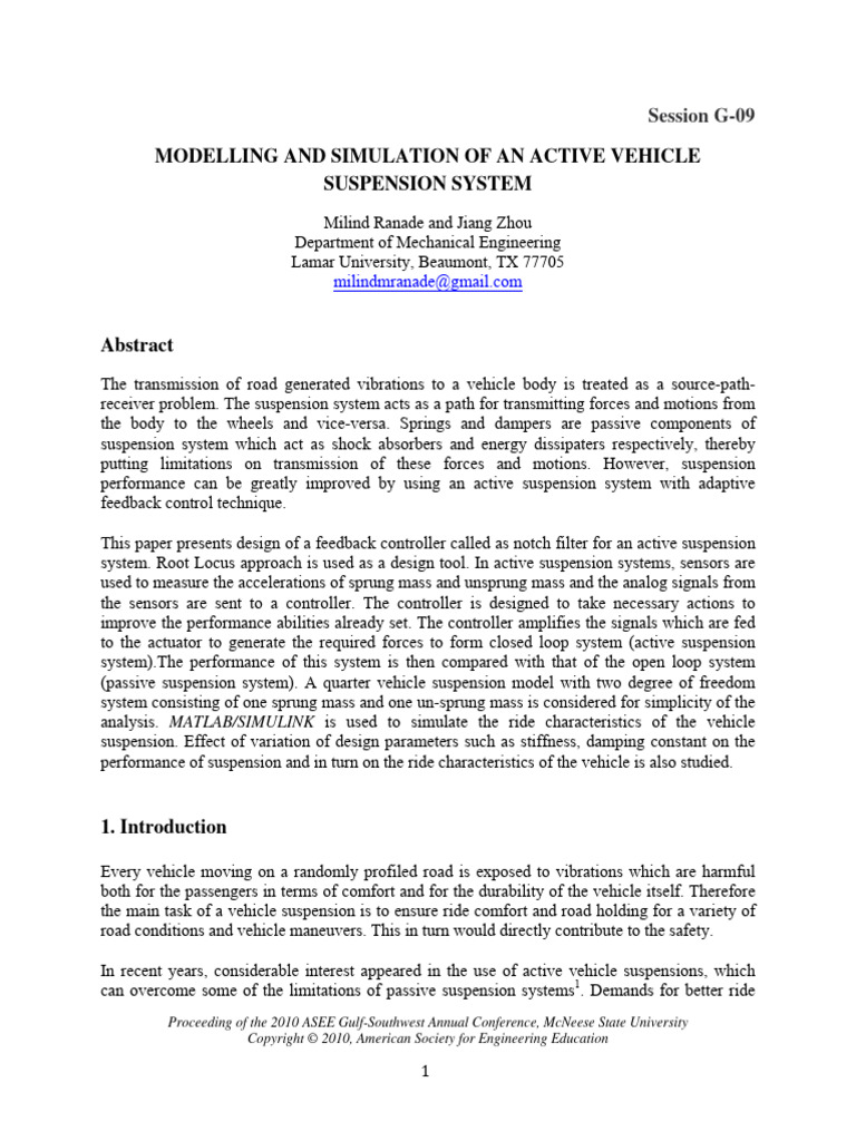 Modelling And Simulation Of An Active Vehicle Suspension System Pdf