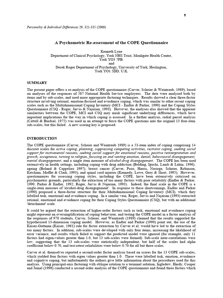 Psychometric Reassessmentofthe COPEQuestionnairepaper | PDF | Factor ...
