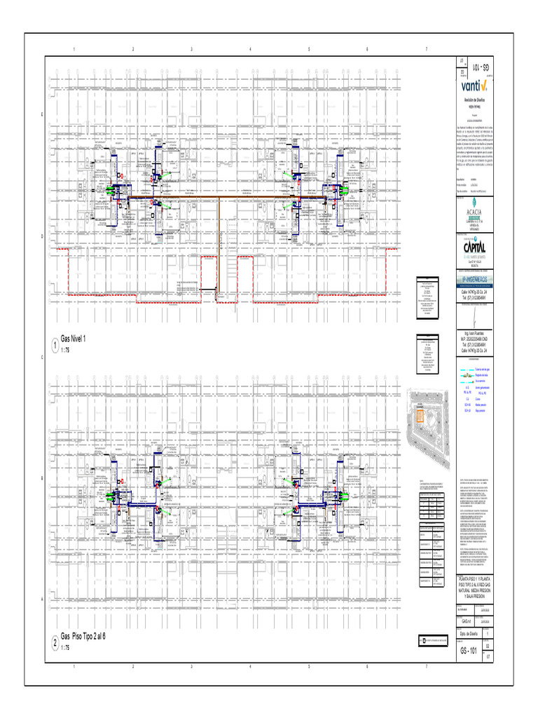 Gs - 101 - Planta Piso 1 y Planta Piso Tipo 2 Al 6 Red Gas Natural Media Presion y Baja Presion ...