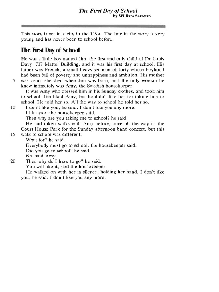 Short Story - The First Day of School - by William Saroyan | PDF
