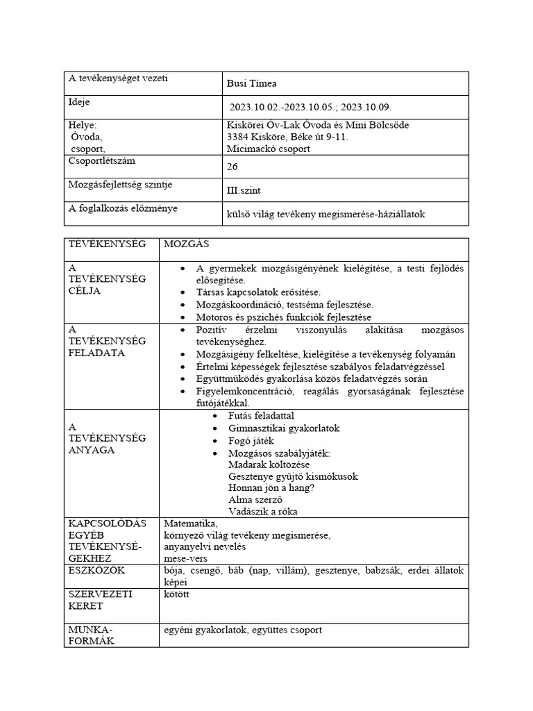 Mozgás Tervezet | PDF