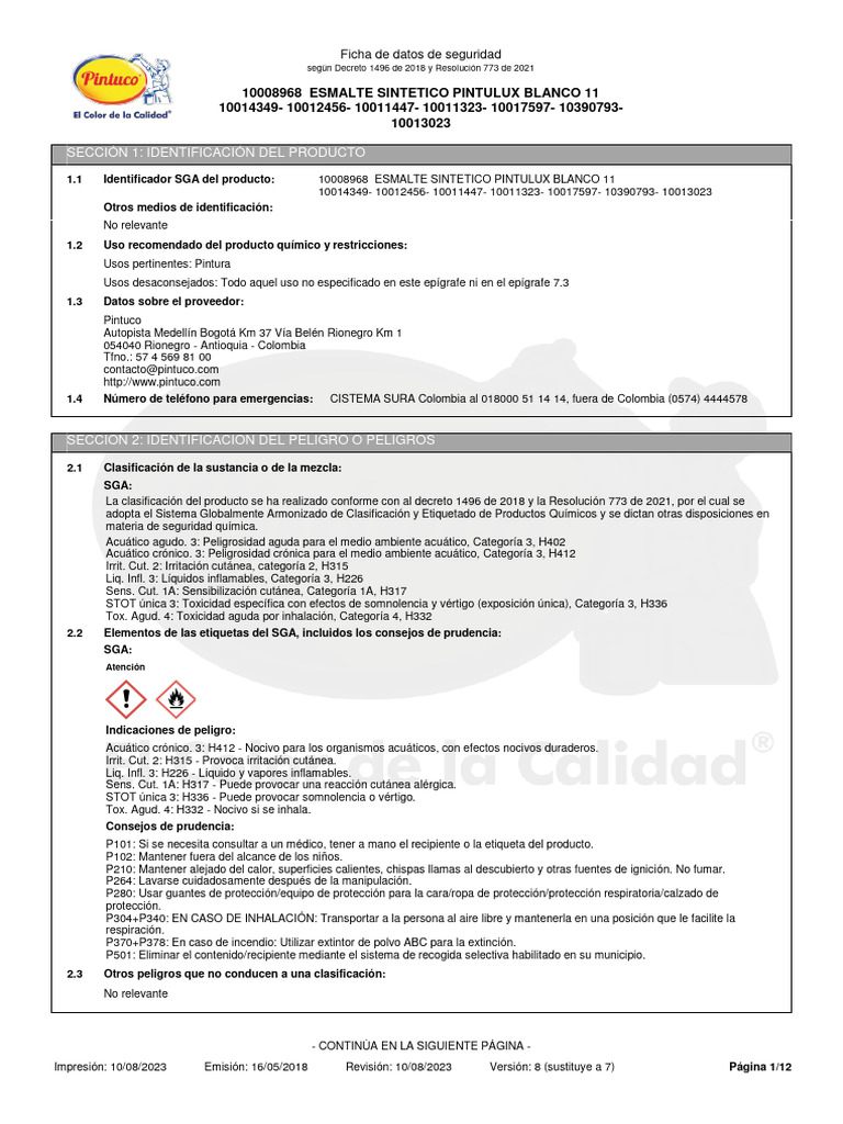 20. FDS -ESMALTE SINTETICO PINTULUX | PDF | Dióxido de carbono | Química