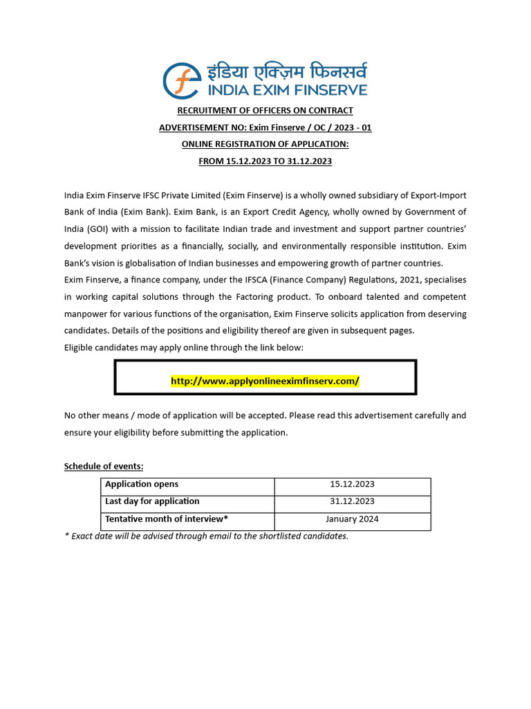 Exim Finserve Officer Recruitment 2023 | PDF | Factoring (Finance ...