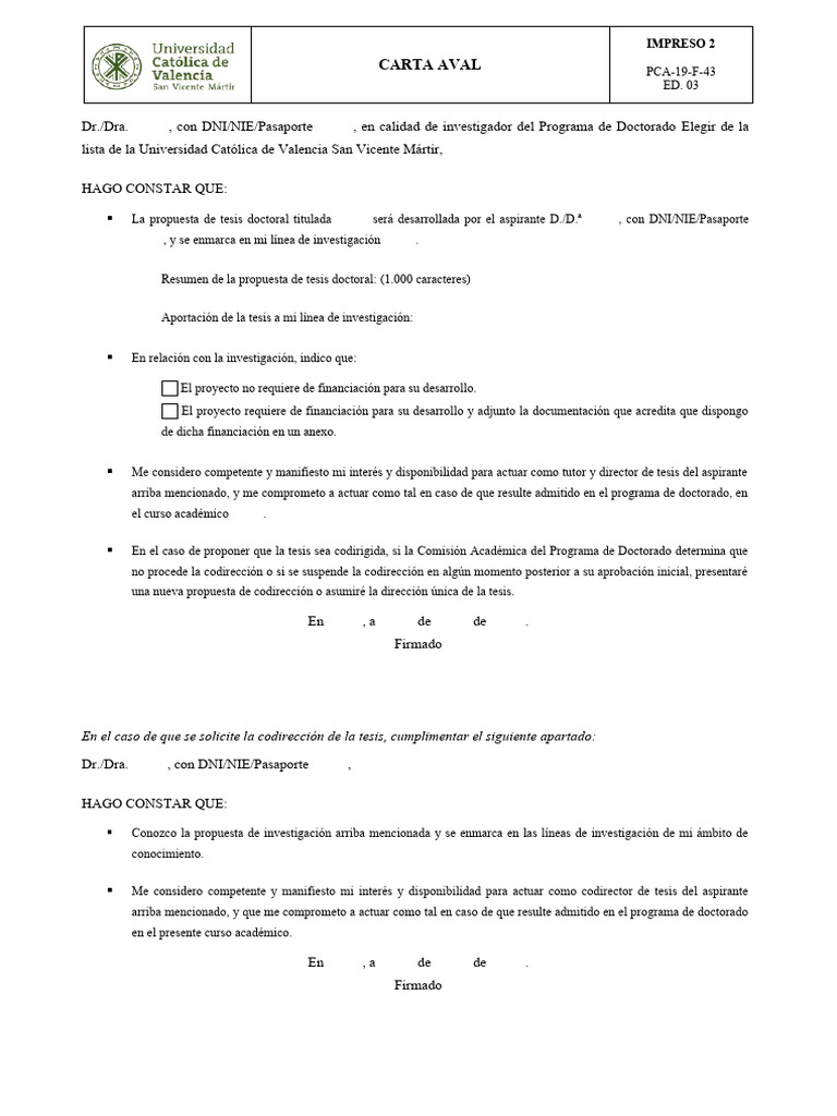 Carta Aval para Tesis Doctoral | PDF | Tesis | Doctorado