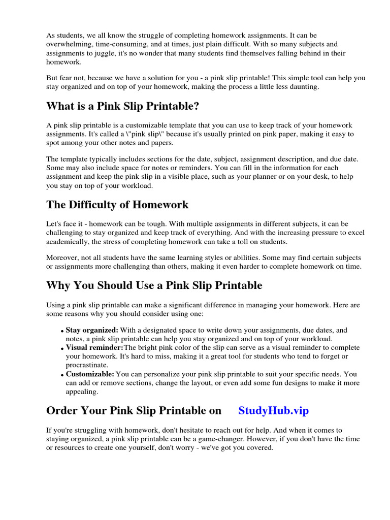 Homework Pink Slip Printable | PDF | Homework