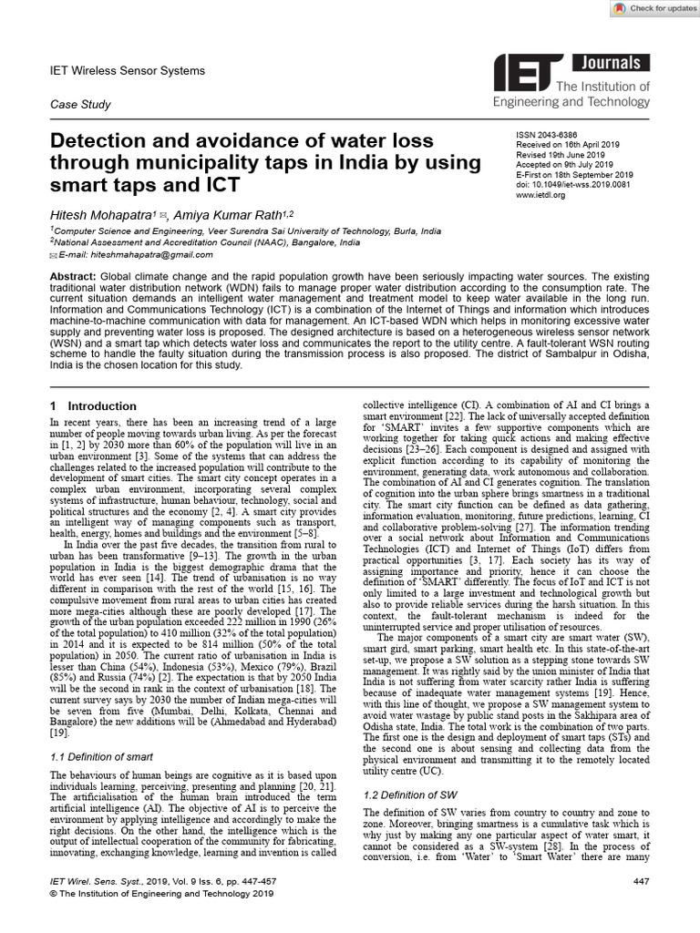 Iet Wireless Sensor Systems 2019 Mohapatra Detection And Avoidance Of Water Loss Through