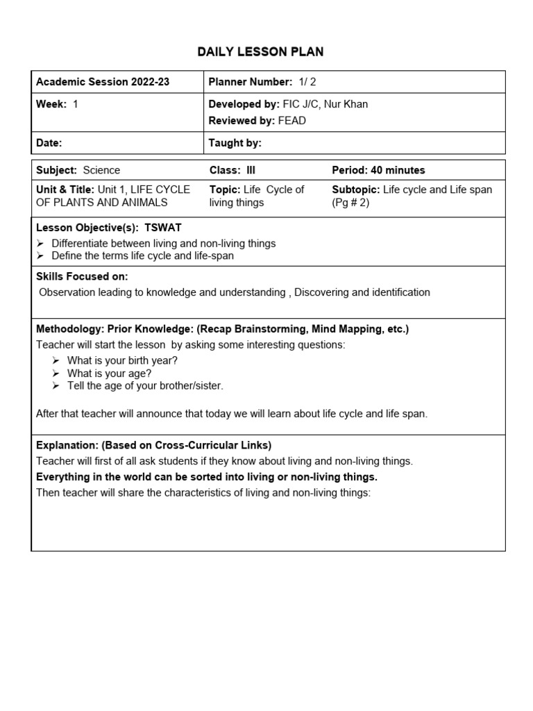 Life Cycle of Plants and Animals | PDF | Teachers | Lesson Plan