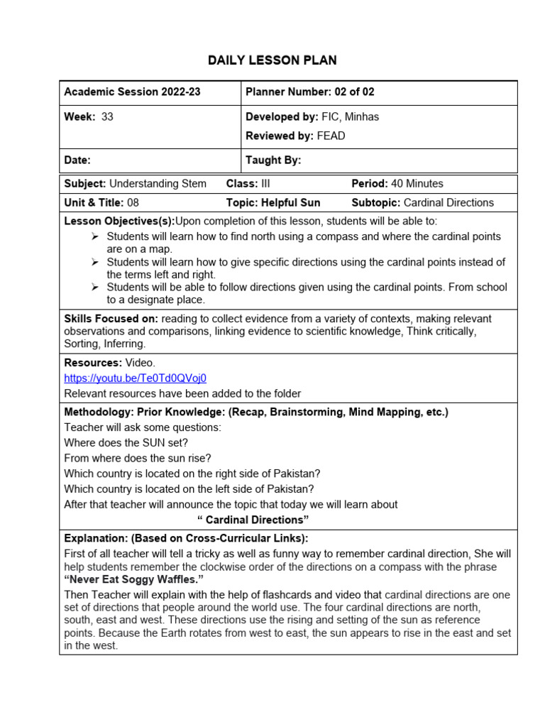Cardinal Directions | PDF | Knowledge | Lesson Plan