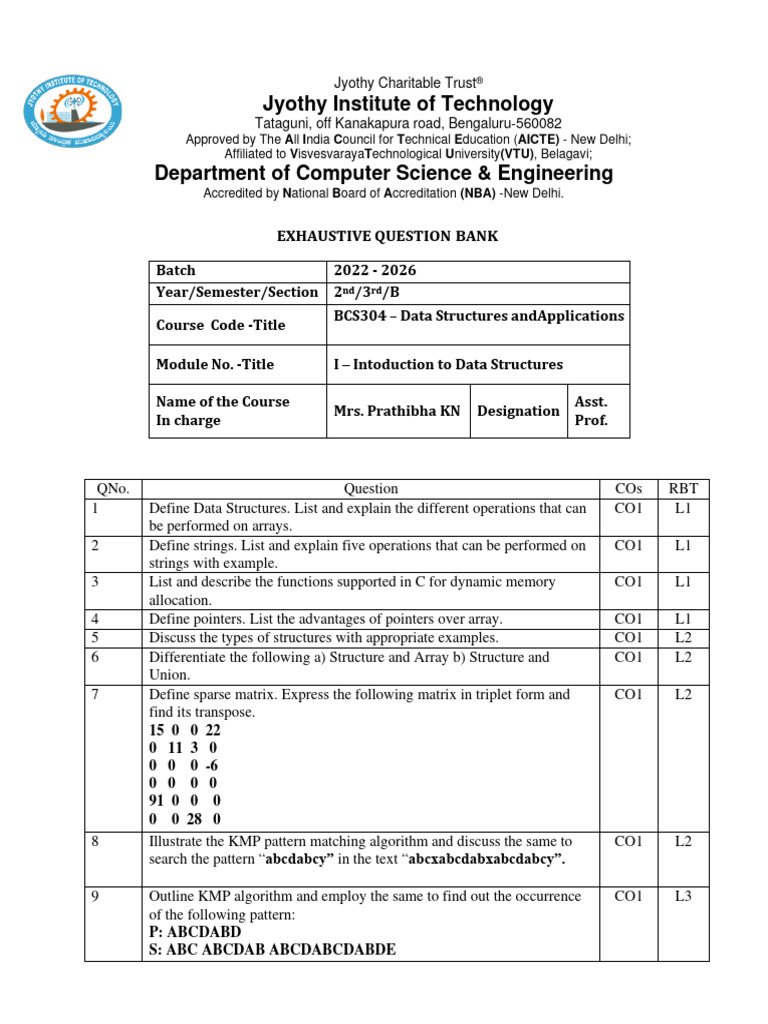 Ds M1 Question Bank Pdf Pointer Computer Programming Matrix Mathematics