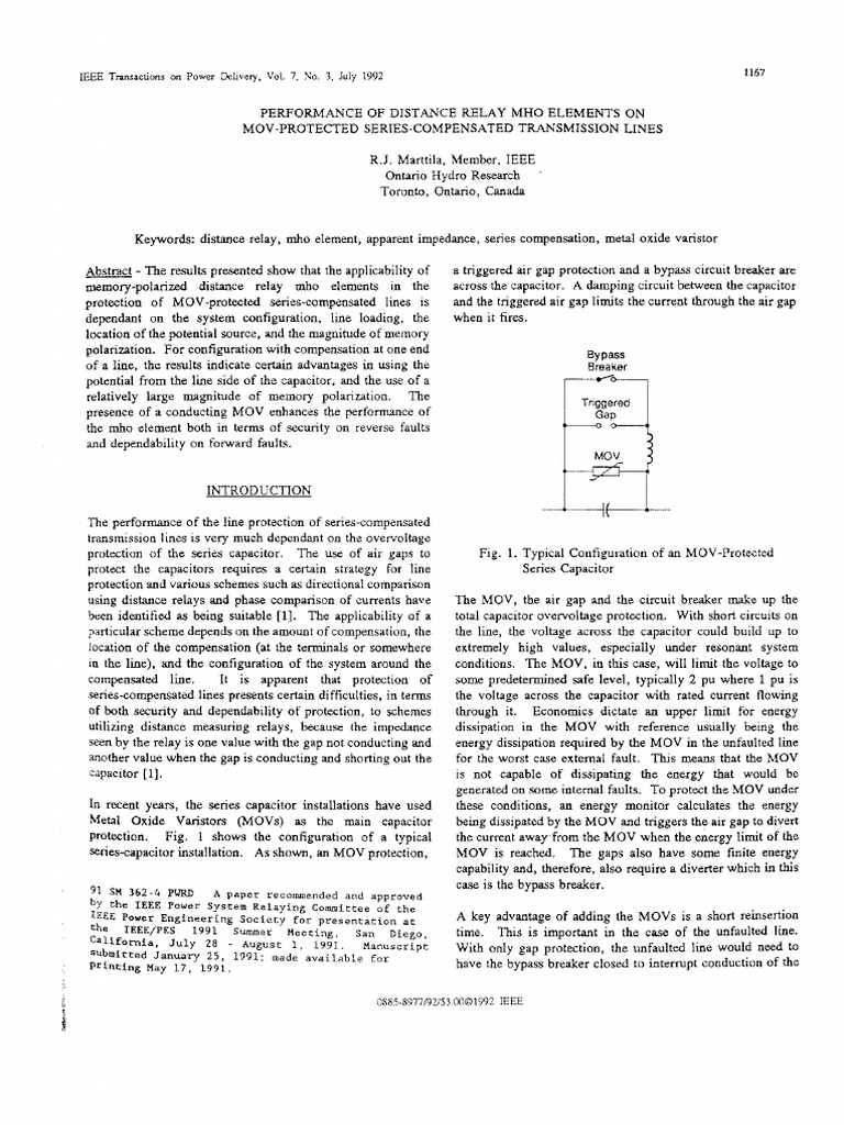 Performance of Distance Relay Mho Elements On Mov-Protected Series ...