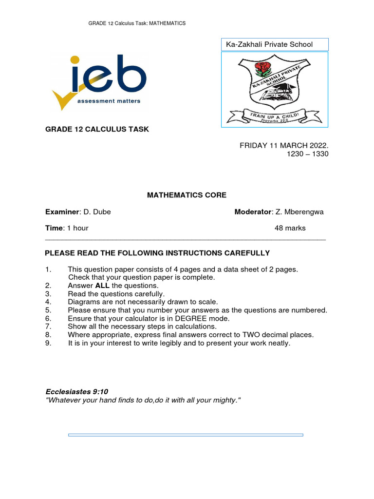 Grade 12 Calculus Task Paper | PDF