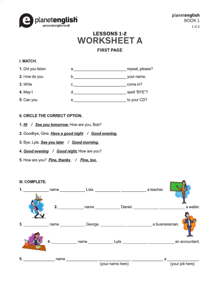 Level 1 Worksheet A_1-2 | PDF