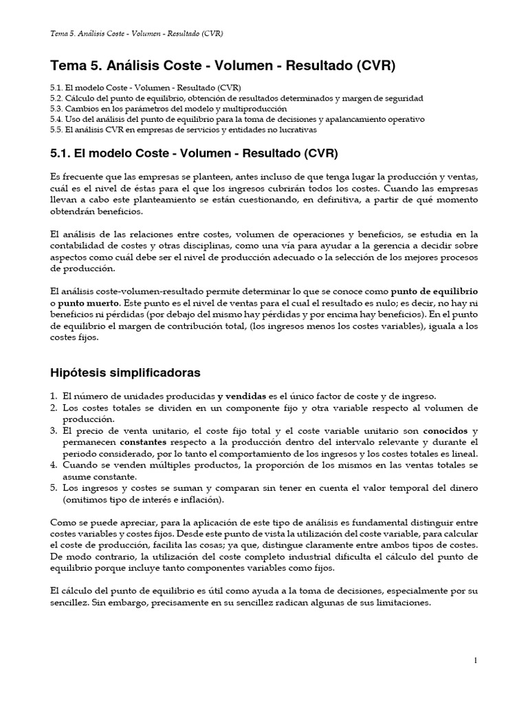 Tema 5. CVR | PDF | Apalancamiento (Finanzas) | Negocios económicos