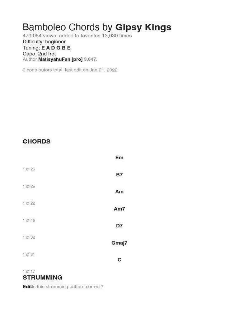 Acordes de Bamboleo - Gipsy Kings | PDF