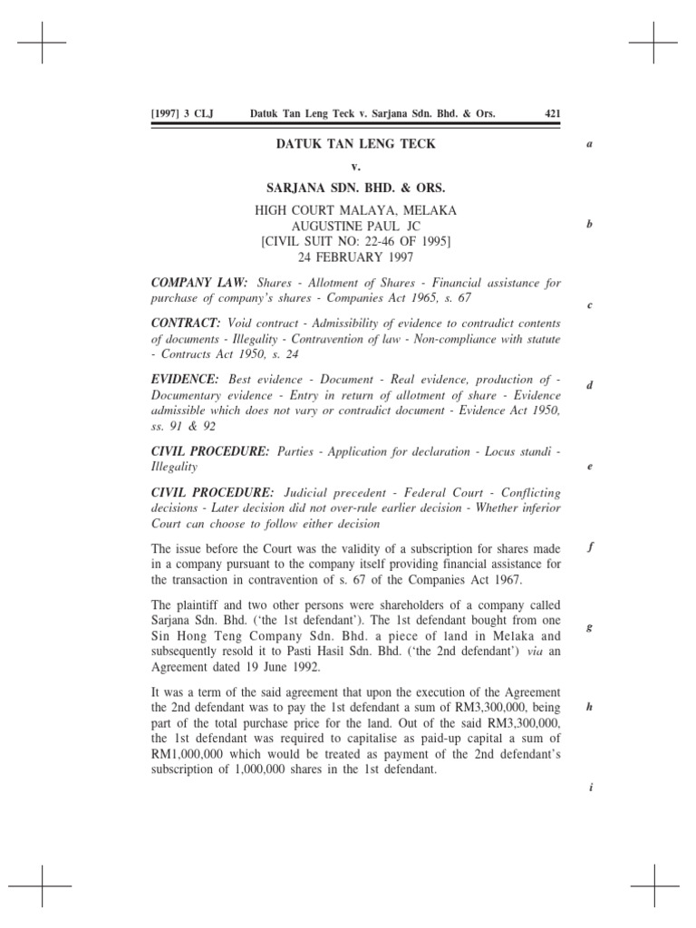 Datuk Tan vs. Sarjana: Share Allotment Case | PDF | Public Law | Common Law