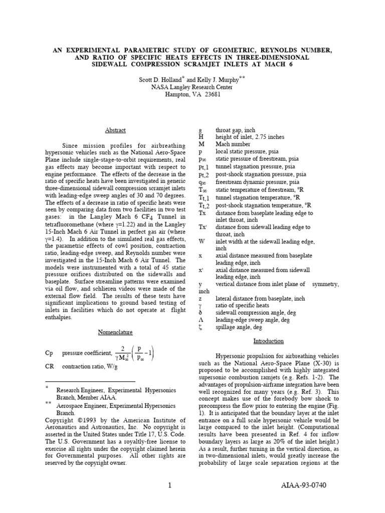 An Experimental Parametric Study of Geometric, Reynolds Number, and Ratio of Specific Heats ...