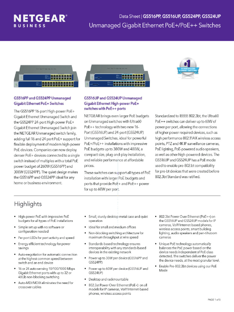 NETGEAR Brand - GS516PP Series Datasheet | PDF | Network Switch ...