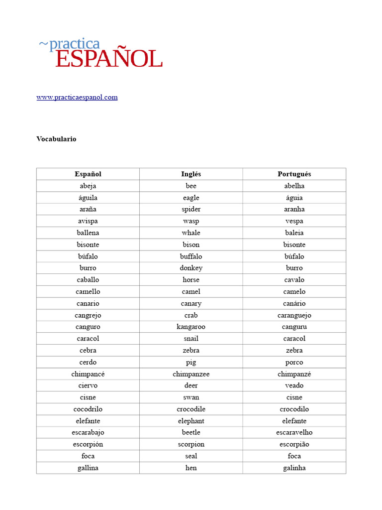 Vocabulario-de-animales-en-español-Practica-Español | PDF