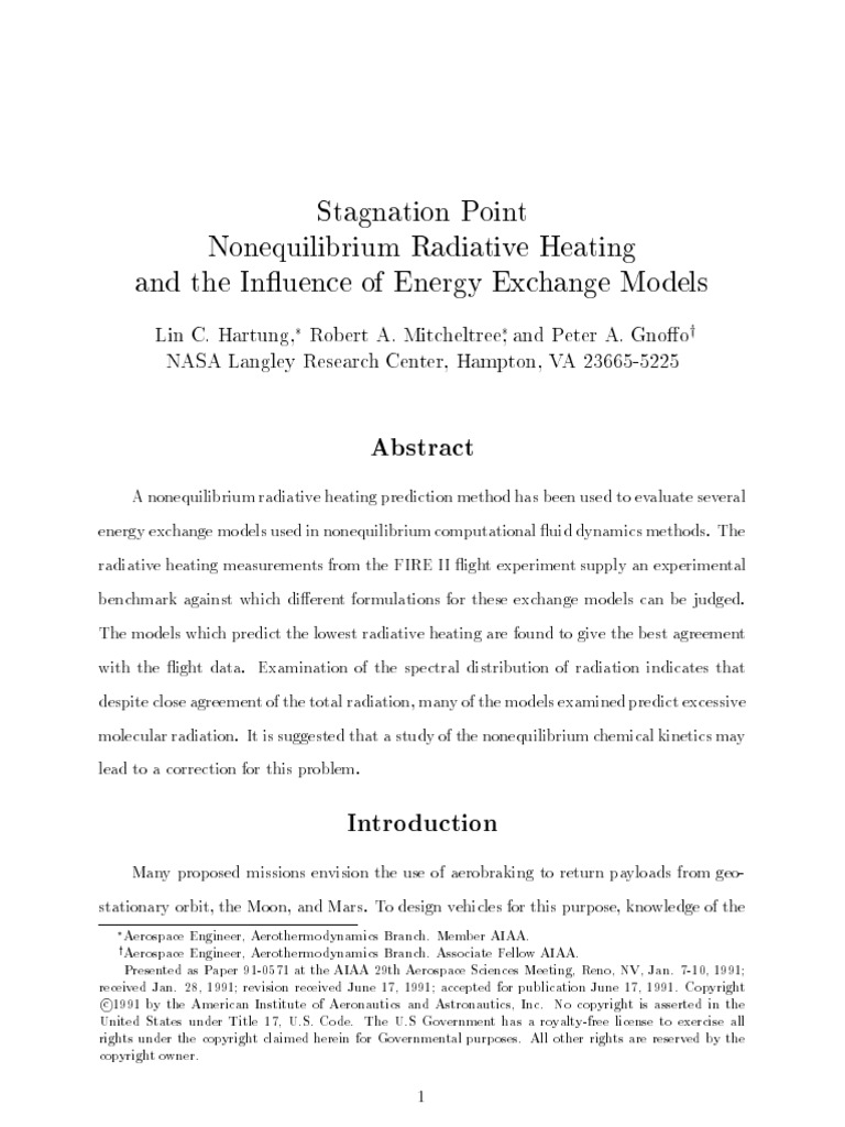 Stagnation Point Nonequilibrium Radiative Heating and The Influence of Energy Exchange Models ...