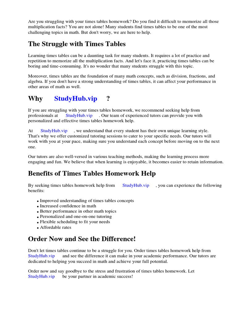 Times Tables Homework Help | PDF | Worksheet | Learning