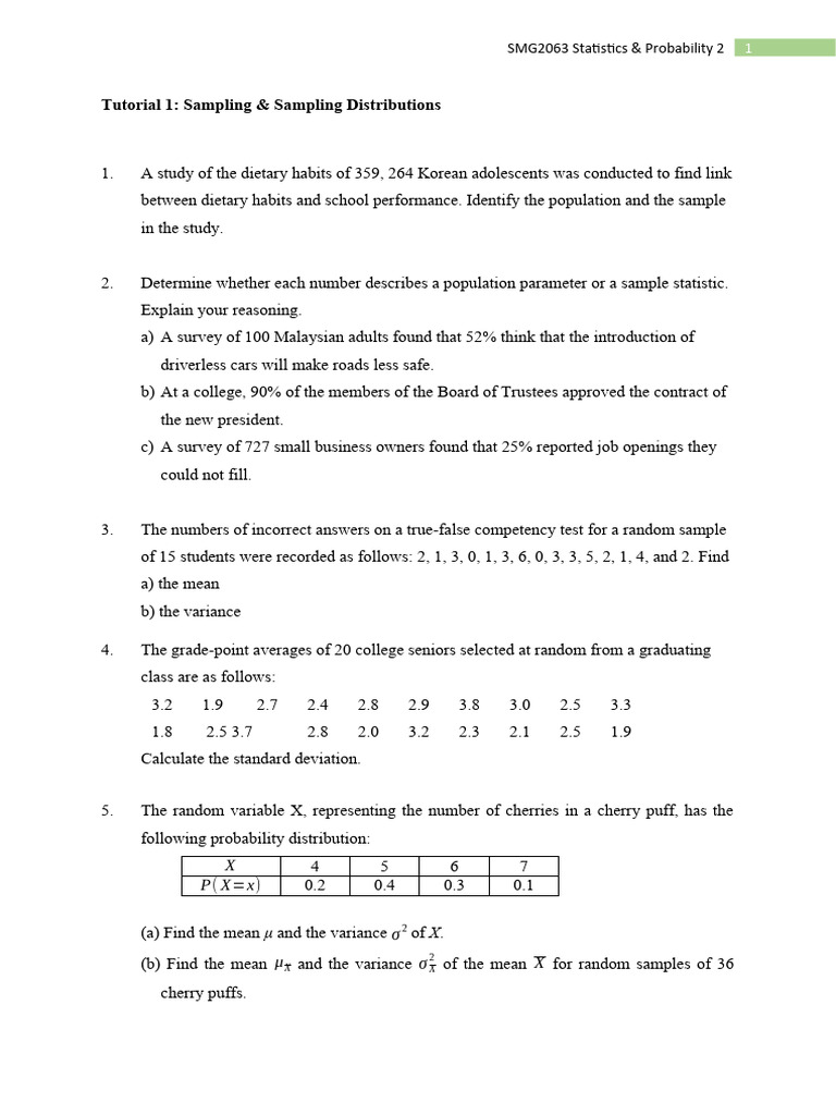 Tutorial 1 Pdf Standard Deviation Variance
