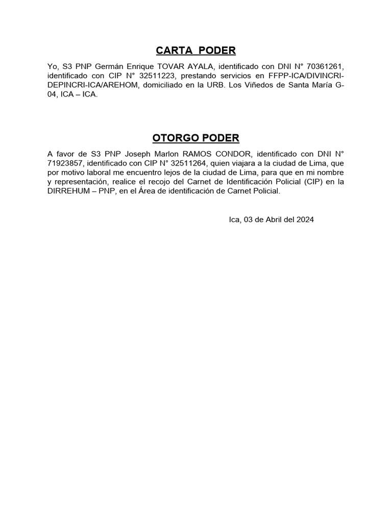 Carta Poder para Recojo de CIP | PDF | Derecho | Novela negra ...