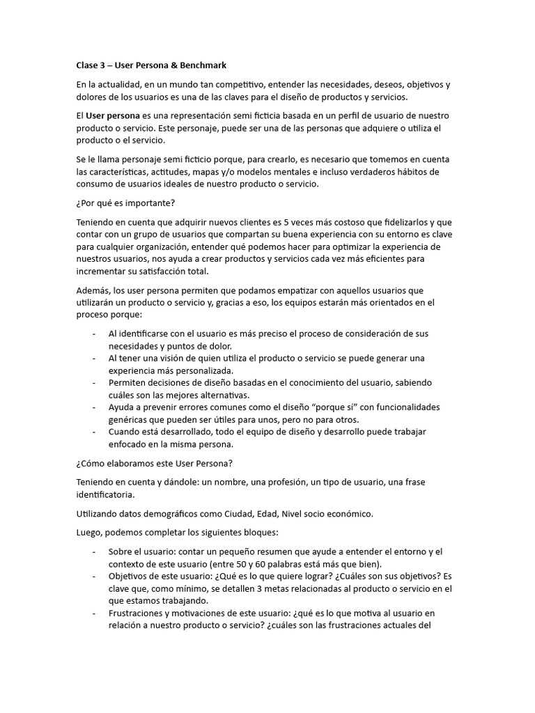 Clase 3 - User Persona Benchmark | PDF | Diseño | Experiencia