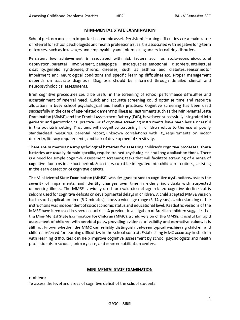 Mini Mental Status Examination English Record | PDF | Intellectual ...
