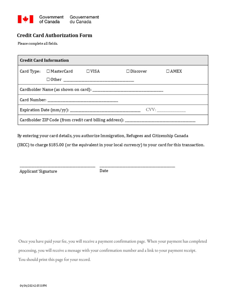 IRCC, Credit Card Authorization Form | PDF