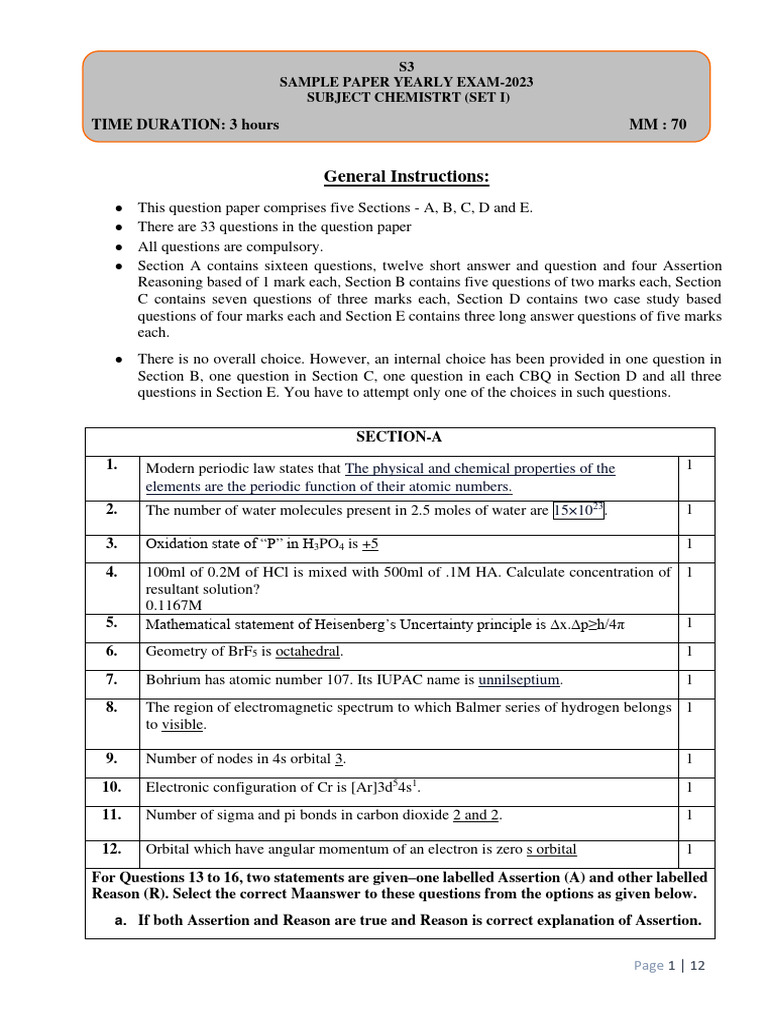 Answer Key Sample Paper XI | PDF | Chemical Bond | Atoms
