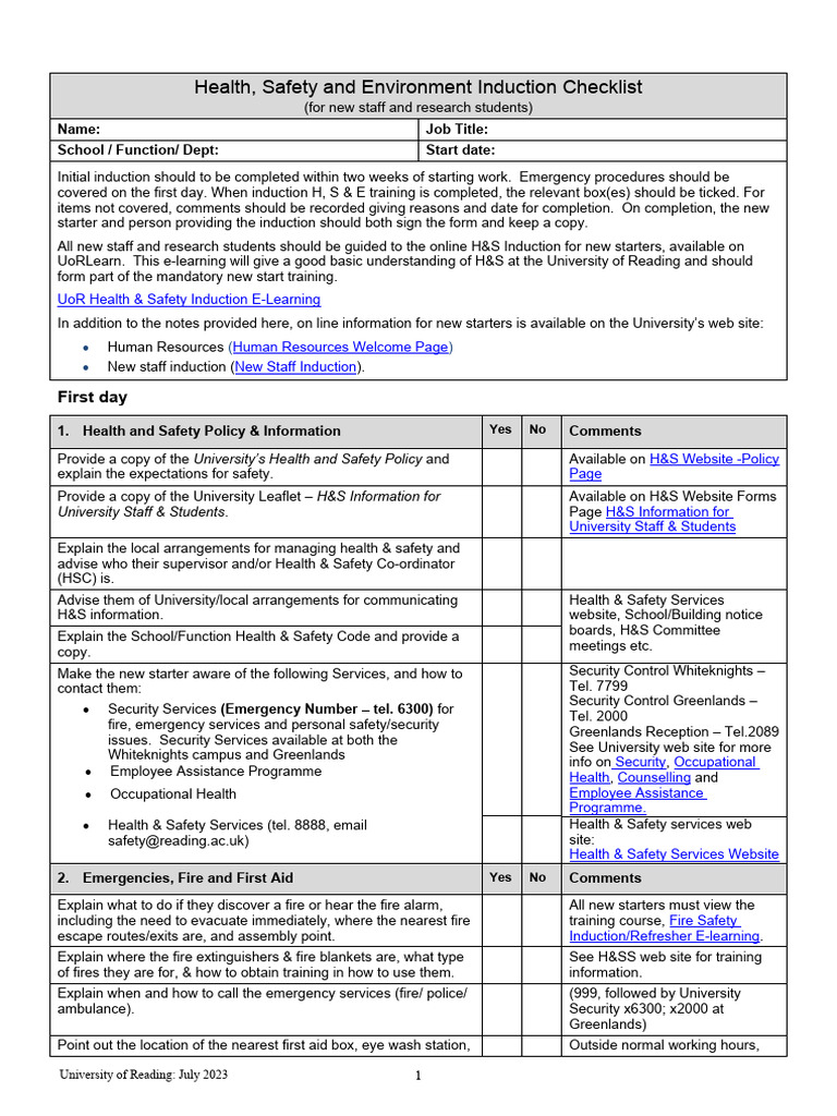 Hss Induction Checklist July 23 | PDF | Waste | Occupational Safety And ...