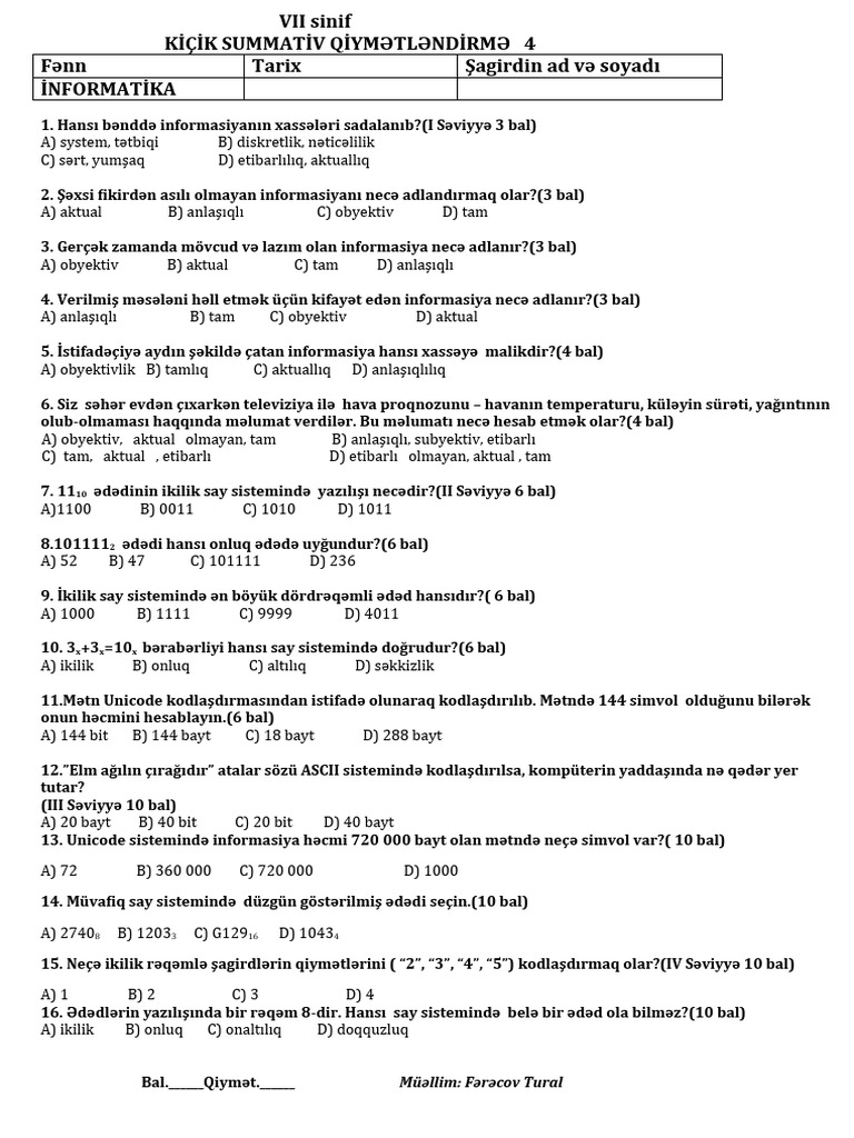 VII Sinif K.S.Q4 Yeni Balla | PDF