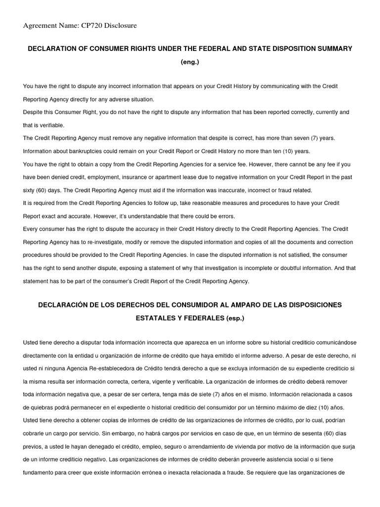 Agreement Name: CP720 Disclosure: Declaration of Consumer Rights Under The Federal and State ...