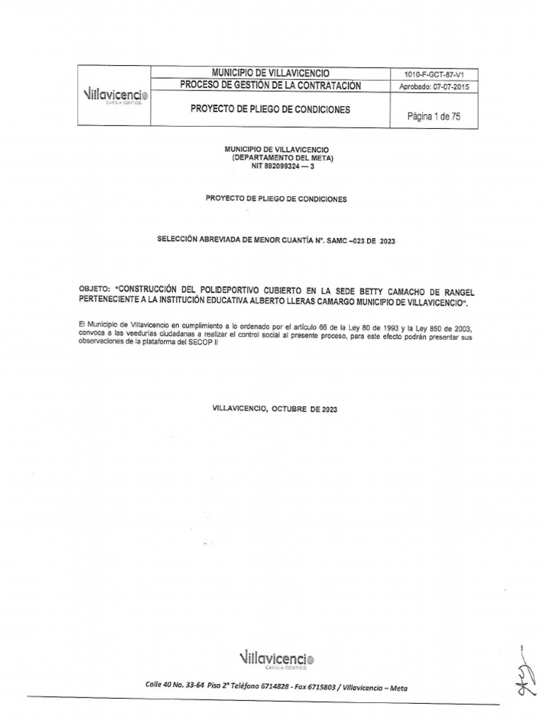 Proyecto de Pliego de Condiciones y Anexos Proceso Samc-023-2023 | PDF